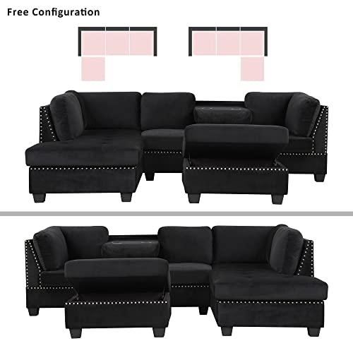 ERYE L-Shaped Corner Sectional Couch with Reversible Lounge Chaise and Drop-Down Cupholders,Modern Living Room Nailhead Decor 6 Seaters Sofa&Couch W/Storage Ottoman for Home Office Apartment