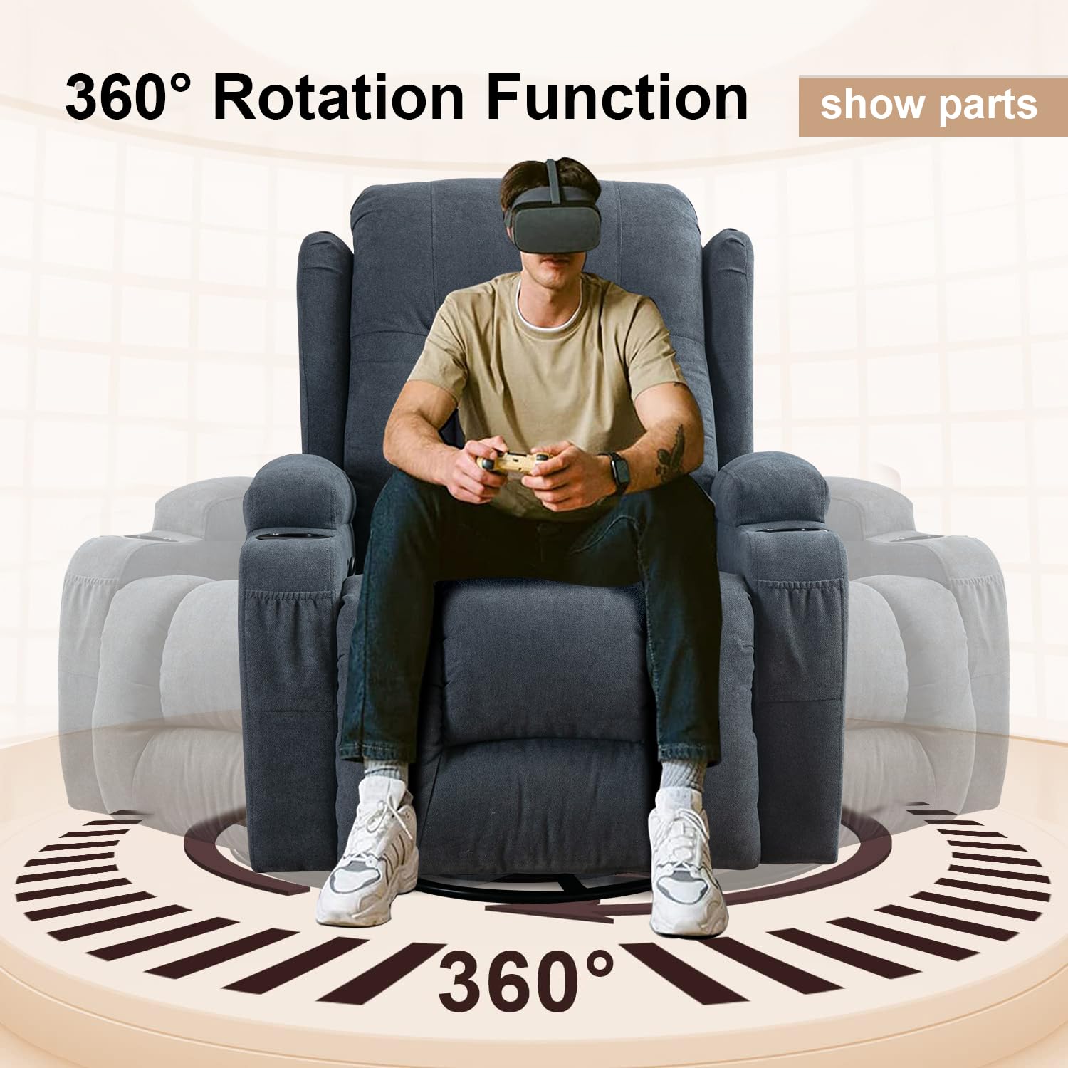 IPKIG Recliner Chair, Massage Swivel Rocker Recliner Chairs with Vibration Massage and Heat, Rocking Function, Side Pocket, 2 Cup Holders, Lumbar Pillow, Ergonomic Lounge Chair for Living Room (Blue)