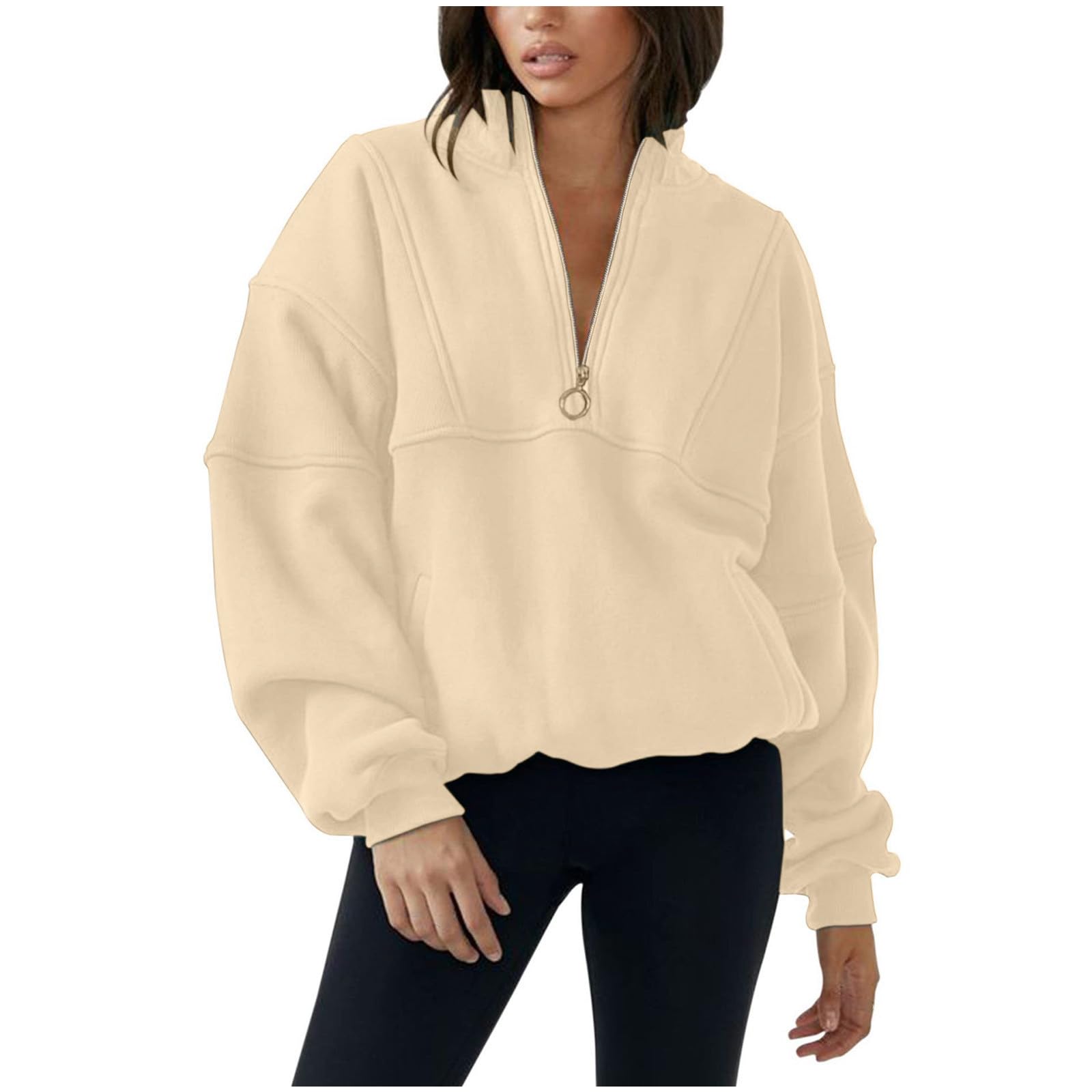 return pallets for sale liquidation from amazon cut off hoodies for women Women Half Zip Up Long Sleeve Sweatshirts 2023 Tredny Fall Y2K Solid Preppy Pullover Tops Fleece Winter Tops Beige M