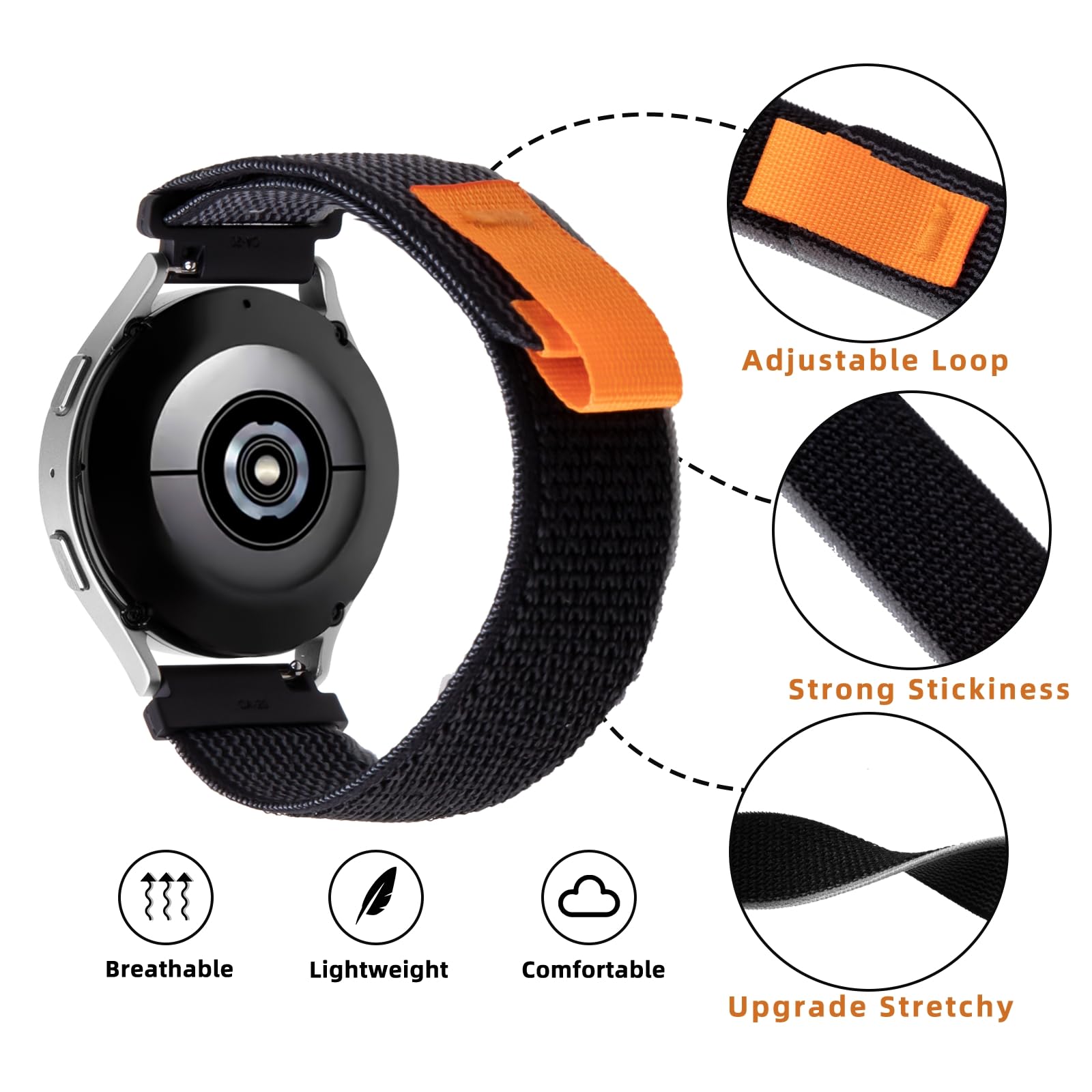KQZunguo 4 Pack Alpine Loop Woven Nylon Band Compatible with Samsung Galaxy Watch 6&5&4 44mm 40mm/Watch 5 Pro 45mm/Watch 6 Classic 43mm 47mm, 20mm Nylon Adjustable Replacemen Sport Strap for Men Women