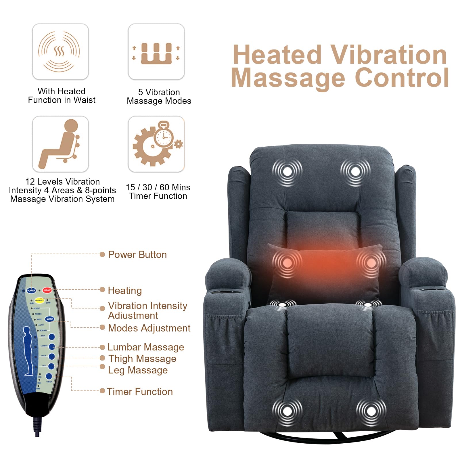 IPKIG Recliner Chair, Massage Swivel Rocker Recliner Chairs with Vibration Massage and Heat, Rocking Function, Side Pocket, 2 Cup Holders, Lumbar Pillow, Ergonomic Lounge Chair for Living Room (Blue)