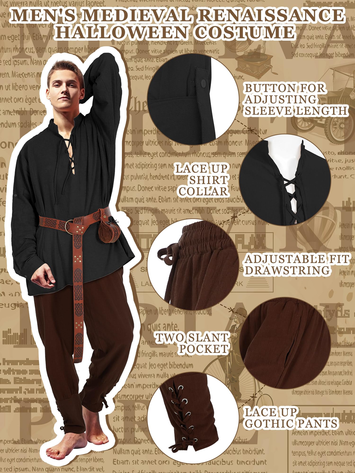 Panitay 4 Pcs Halloween Men's Medieval Costume Set Renaissance Pirate Shirt Pants Viking Belt Retro Pouch Outfit for Cosplay(X-Large,Black, Dark Brown, Brown)