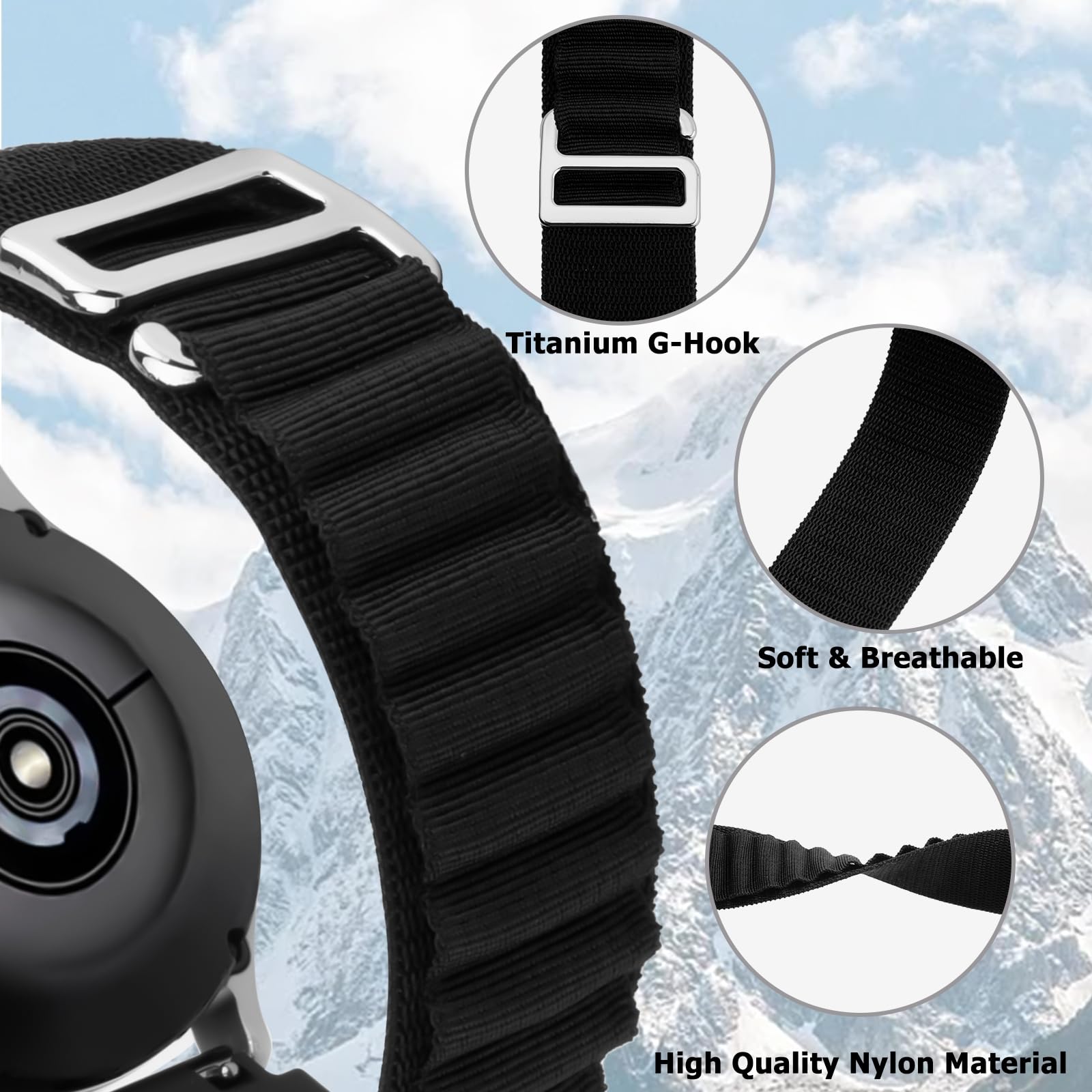 KQZunguo 4 Pack Alpine Loop Woven Nylon Band Compatible with Samsung Galaxy Watch 6&5&4 44mm 40mm/Watch 5 Pro 45mm/Watch 6 Classic 43mm 47mm, 20mm Nylon Adjustable Replacemen Sport Strap for Men Women