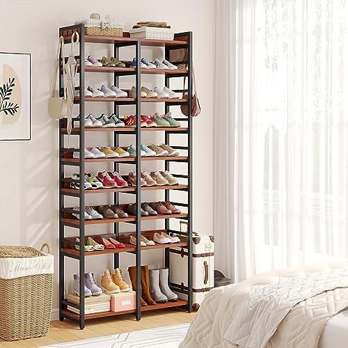Tribesigns Open Shoe Cabinet, 9-Tier Tall Wooden Shoe Rack with Side Hooks for Entryway, Freestanding 36 Pairs Wood Shoes Storage Shelf Cabinet with Heavy Duty Metal Frame, Black Rustic Brown