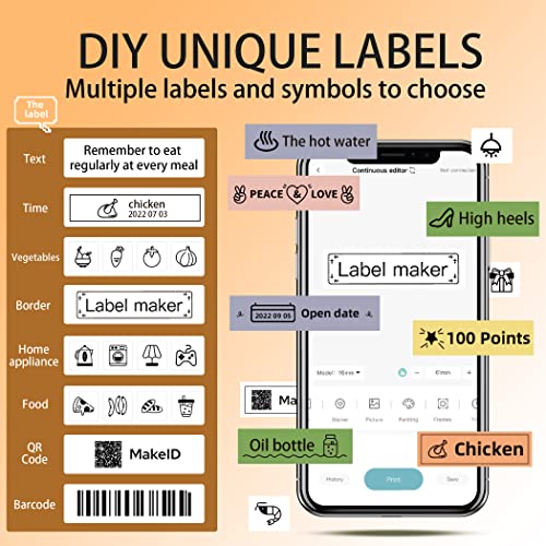 Makeid Label Maker Machine with 2 Tapes (1 White+ 1 Transparent) 3/5 inch or 16mm USB Rechargeable Thermal Label Printer for Android iOS Cute Fonts Emoji Stickers Fast and Easy, Beige