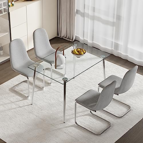 AZmac Glass Dining Table Set for 4,51" Dinner Table Set,5 PCS Dining Room Table Set with Soft Dining Chairs, Kitchen Table with Rectangle Tempered Glass and Silver Metal Legs