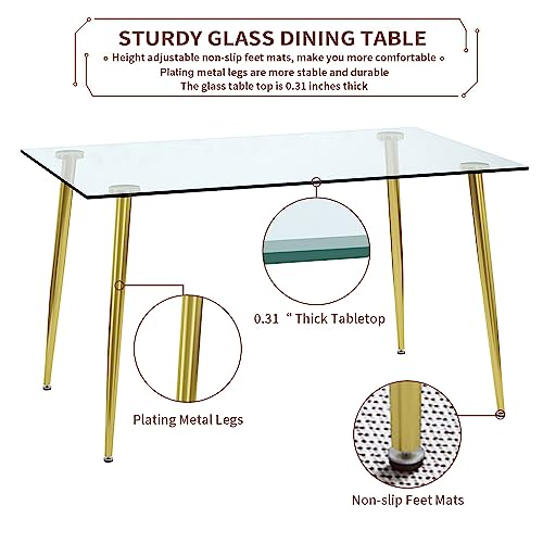 Glass Dining Table for 4 with 51 inch Clear Tempered Glass Top, 0.31" Modern Rectangular Glass Kitchen Table Furniture with 4 Golden Plating Metal Legs for Home Kitchen Room
