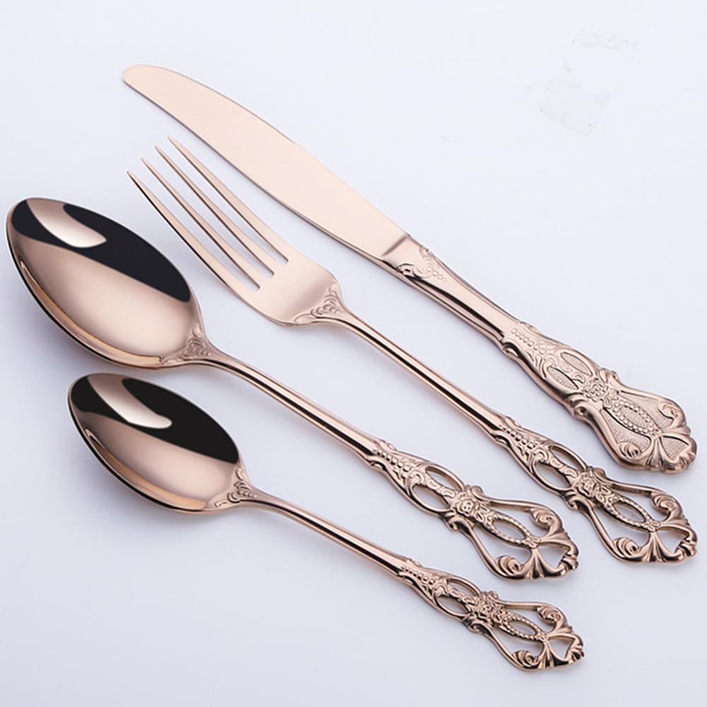 Rose Gold Flatware Set for 4, 16 Piece Royal Court Silverware Set, Vintage Embossed Cutlery Utensil Set Include Knife Fork Spoon, Mirror Polished, Dishwasher Safe