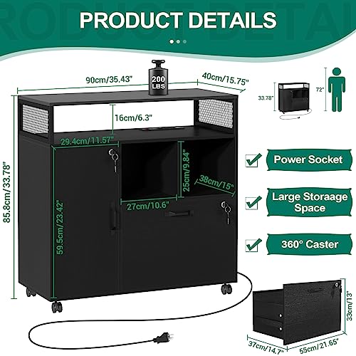 Tcpuolr Lateral File Cabinet with Charging Station, File Cabinet with Lock, Cabinets for Home Office, Mobile Filing Cabinet with Drawer, Printer Stand for A4, Letter Size and File Folders