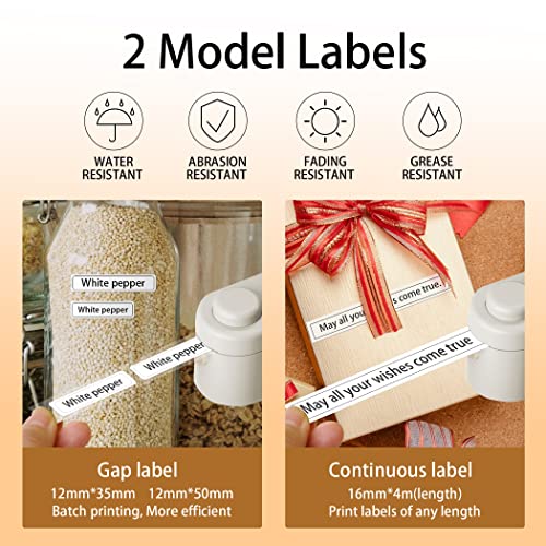 Makeid Label Maker Machine with 2 Tapes (1 White+ 1 Transparent) 3/5 inch or 16mm USB Rechargeable Thermal Label Printer for Android iOS Cute Fonts Emoji Stickers Fast and Easy, Beige