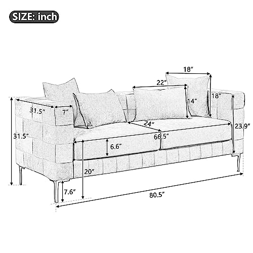 Merax 80.5" Upholstered Sofa with 4 Pillows Modern Couch with Golden Metal Legs for Living Room,Beige Love Seats