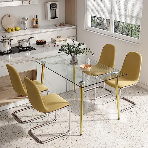 Glass Dining Table for 4 with 51 inch Clear Tempered Glass Top, 0.31" Modern Rectangular Glass Kitchen Table Furniture with 4 Golden Plating Metal Legs for Home Kitchen Room