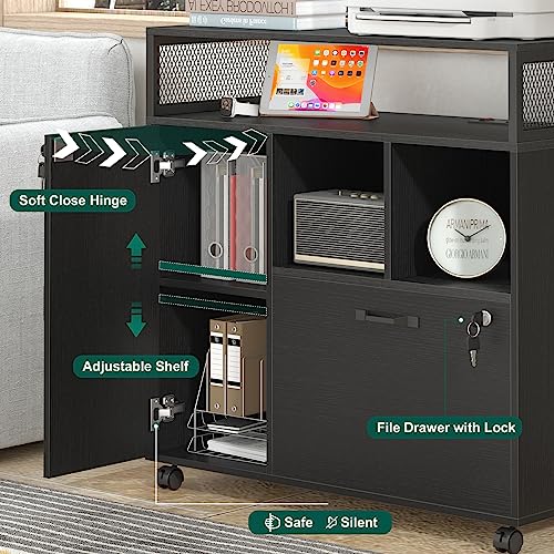 Tcpuolr Lateral File Cabinet with Charging Station, File Cabinet with Lock, Cabinets for Home Office, Mobile Filing Cabinet with Drawer, Printer Stand for A4, Letter Size and File Folders