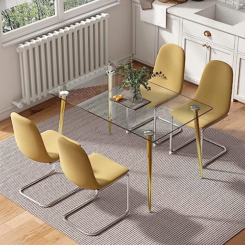 Glass Dining Table for 4 with 51 inch Clear Tempered Glass Top, 0.31" Modern Rectangular Glass Kitchen Table Furniture with 4 Golden Plating Metal Legs for Home Kitchen Room