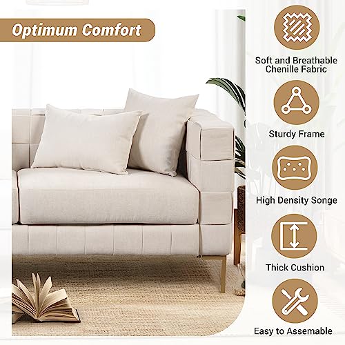 Merax 80.5" Upholstered Sofa with 4 Pillows Modern Couch with Golden Metal Legs for Living Room,Beige Love Seats