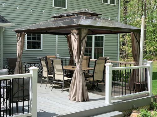 Domi Outdoor Living 12’ x 16’ Hardtop Gazebo, Outdoor Aluminum Frame Canopy with Polycarbonate Double Roof, Outdoor Permanent Metal Pavilion with Curtains and Netting for Patio, Backyard and Lawn