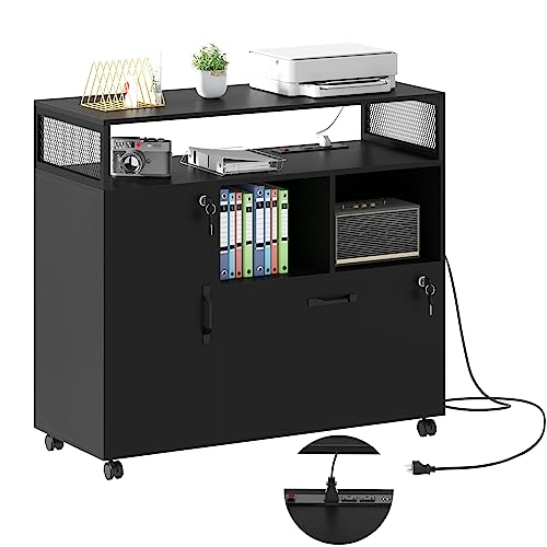Tcpuolr Lateral File Cabinet with Charging Station, File Cabinet with Lock, Cabinets for Home Office, Mobile Filing Cabinet with Drawer, Printer Stand for A4, Letter Size and File Folders