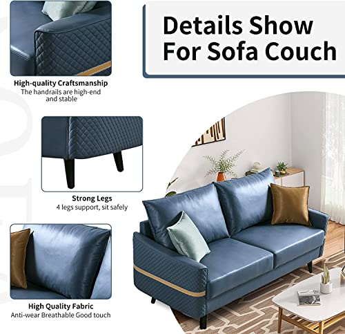 gefayluo Faux Leather Sofa Couch, Mid-Century 72 Inch 2 Seater Leather Couch Loveseat Large Classic Living Room Sofa, Deep Seated Leather Sofa with Solid Wood Legs for Bedroom Office Apartment (Blue)