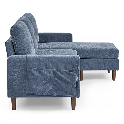 SZUBEE Modern 80” Convertible Sectional Couch, 3 Seats L-Shape Sofa with Removable Cushions and Pocket, Rubber Wood Legs, Navy