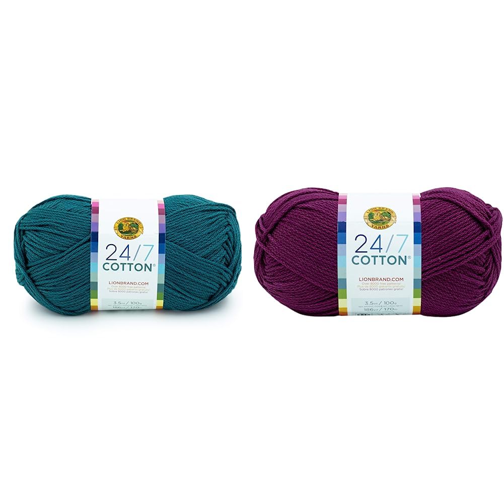 Lion Brand 24/7 Cotton Yarn Bundle (2 Skeins) - Dragonfly and Beets