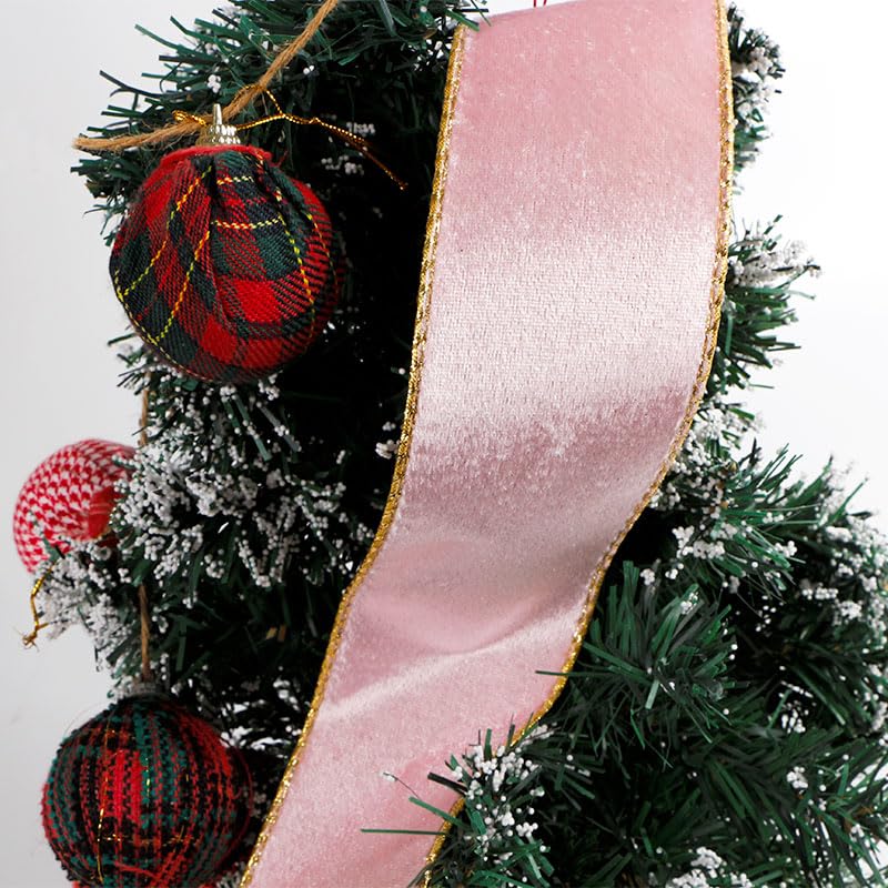 Pink Wide Velvet Ribbon Wired for Christmas Tree, Garland, Wreath, 2.5 Inch 5 Yards