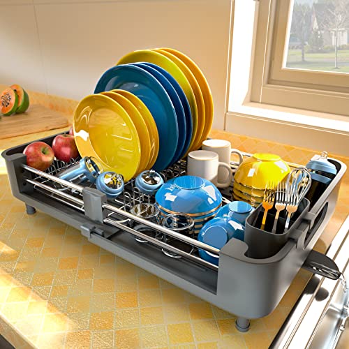 Genteen Dish Drying Rack, Large Dish Drying Rack with Drainboard, Stainless Steel Drying Rack for Kitchen Counter with Swivel Spout Utensil Holder