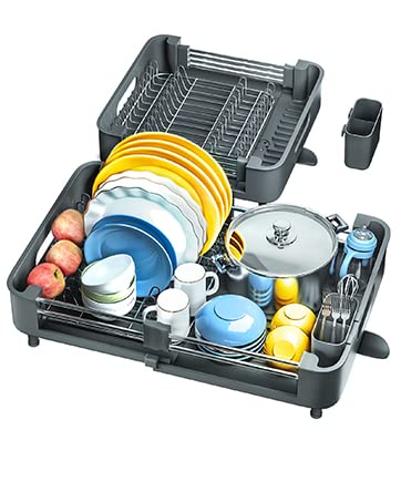 Genteen Dish Drying Rack, Large Dish Drying Rack with Drainboard, Stainless Steel Drying Rack for Kitchen Counter with Swivel Spout Utensil Holder
