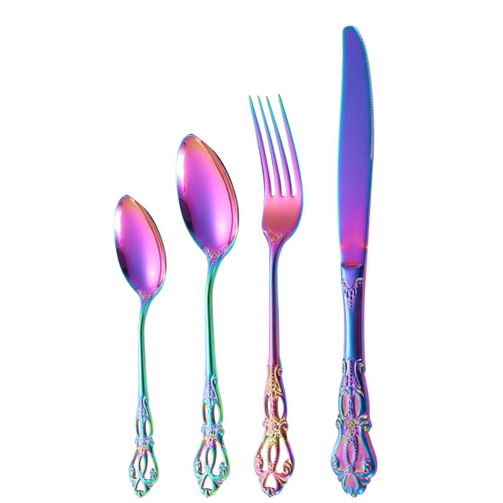 Rainbow Flatware Set for 12, 48 Piece Royal Court Silverware Set, Vintage Embossed Cutlery Utensil Set Include Knife Fork Spoon, Mirror Polished, Dishwasher Safe