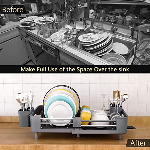 Genteen Dish Drying Rack, Large Dish Drying Rack with Drainboard, Stainless Steel Drying Rack for Kitchen Counter with Swivel Spout Utensil Holder