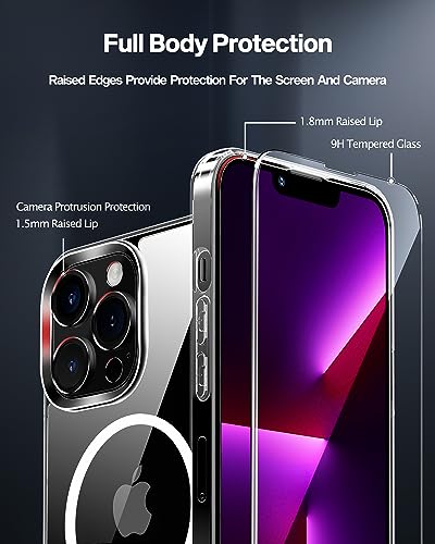 Dssairo Magnetic for iPhone 13 Pro Max Case，with 2 Screen Protector，Full Camera Protection [Compatible with MagSafe] Shockproof Phone Bumper Cover，Anti-Scratch Clear Back (Clear)………