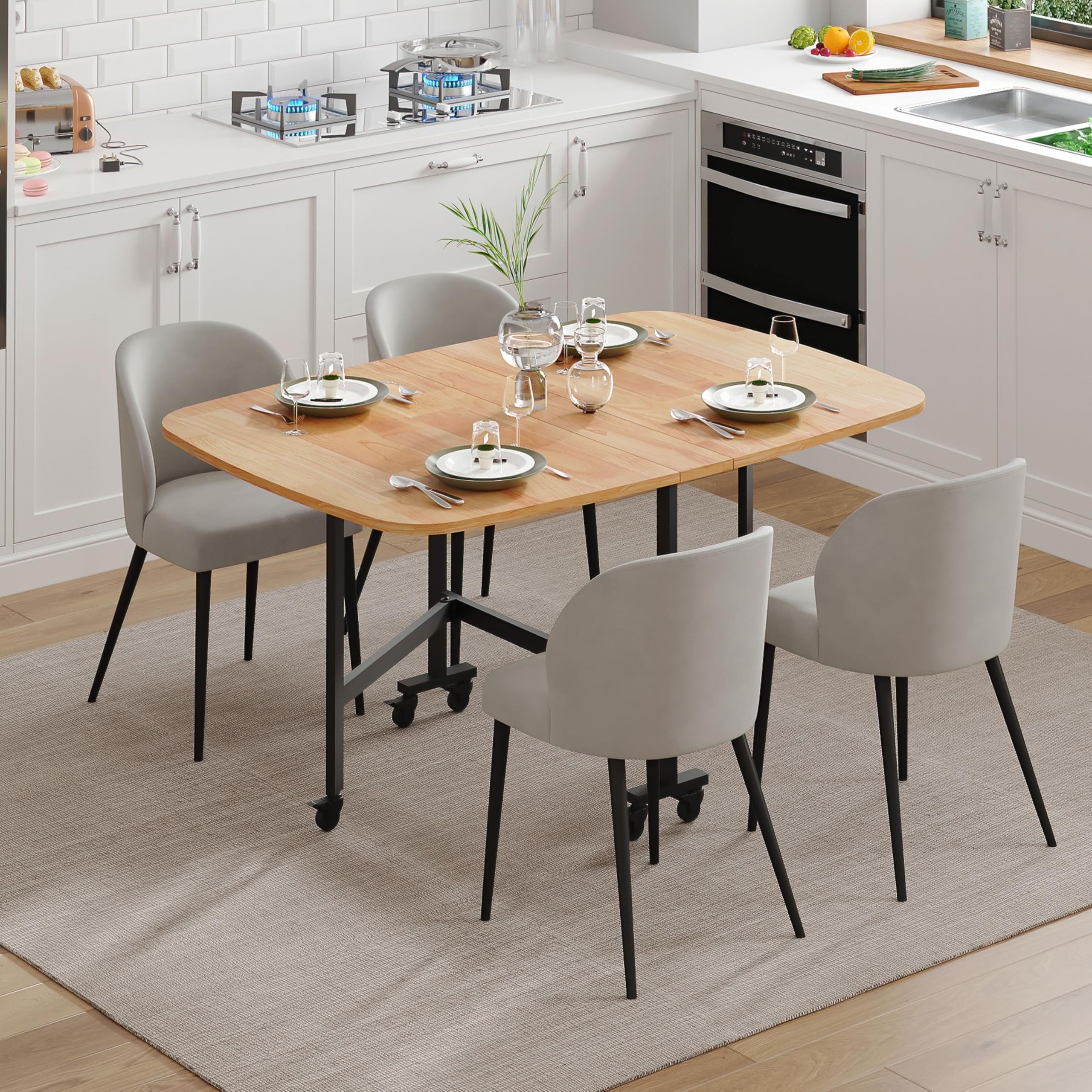 Rukulin Multifunction Table Drop Leaf Dining Table - 47" Solid Wooden Foldable Kitchen Table with 6 Wheels (Natural)