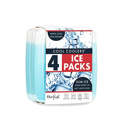 Carhartt Deluxe Dual Compartment Insulated Lunch Cooler Bag, Navy & Cool Coolers by Fit + Fresh, Reusable & Long-Lasting Slim Ice Packs, Perfect Addition To Your Lunch Box, Clear Blue, Pack of 4