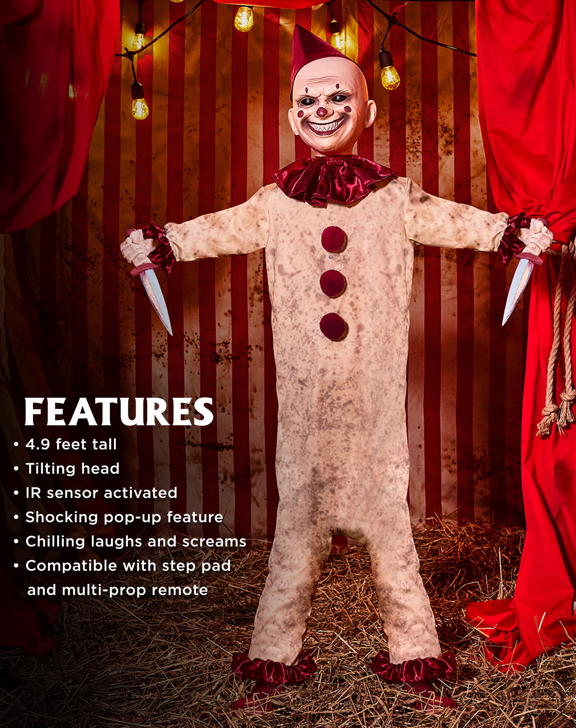 Spirit Halloween 4.9 Ft Dagger Mike Animatronic | Decorations | Animated | Pop-Up Motion | Plays Sounds | Clown Animatronic
