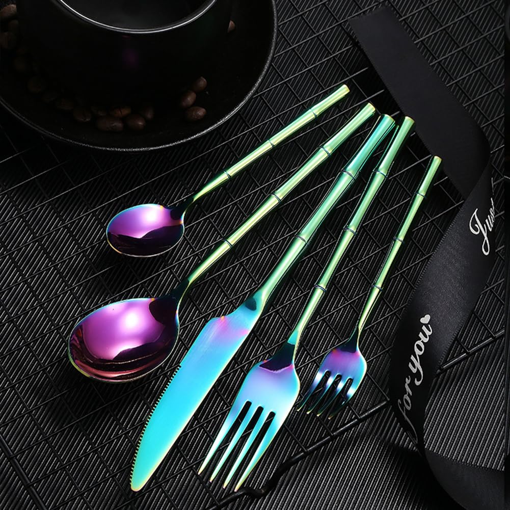 60 Piece Bamboo Shaped Flatware Set Service for 12, 18/10 Stainless Steel Rainbow Bamboo Handle Silverware Cutlery Set For Home Kitchen Hotel Utensils, Mirror Polished, Dishwasher Safe