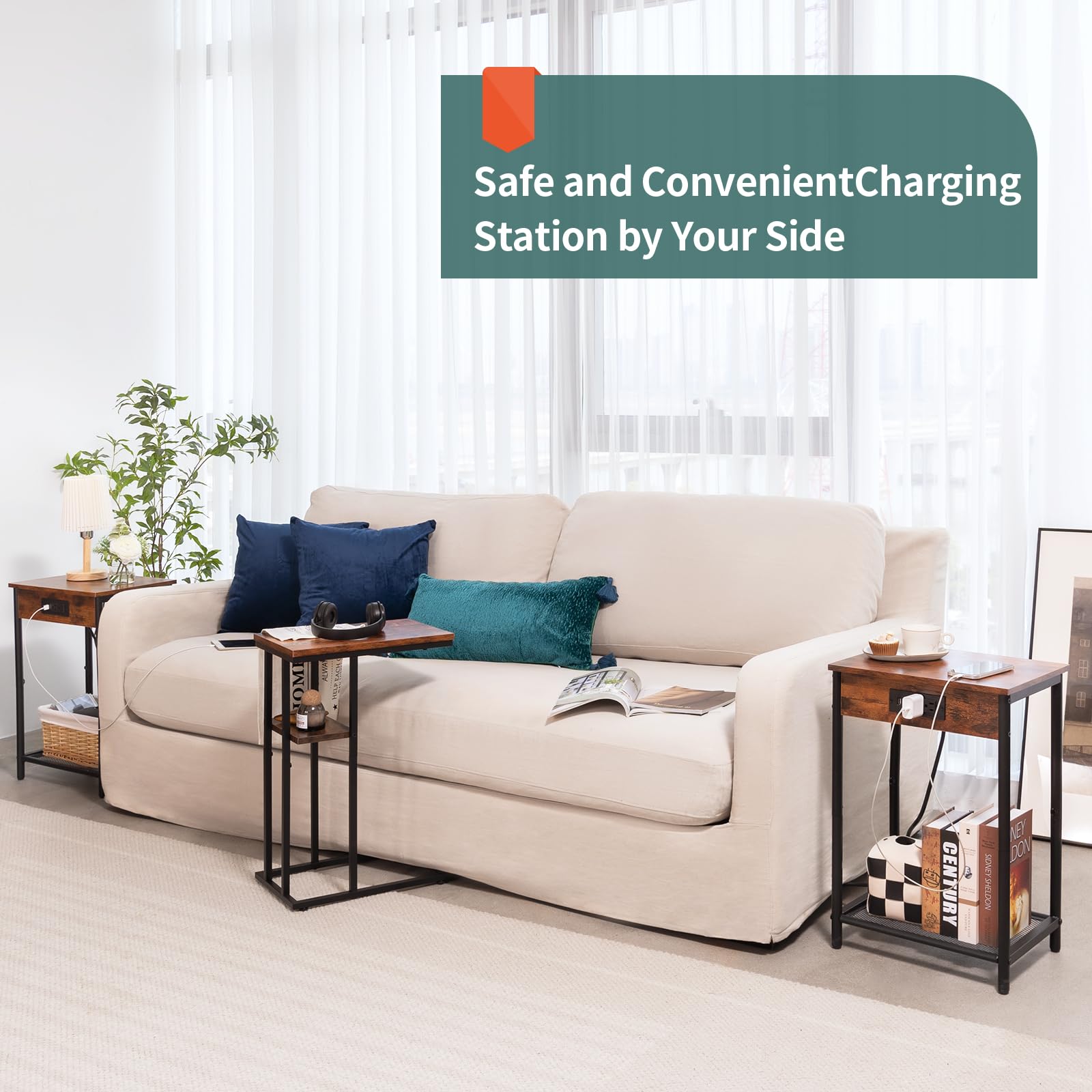 Yoobure Side Table with Charging Station, End Tables Living Room, Industrial 2 Tier Nightstand with USB Ports, Rustic Narrow Small Table with Storage Shelf for Bedroom, Office, Small Spaces