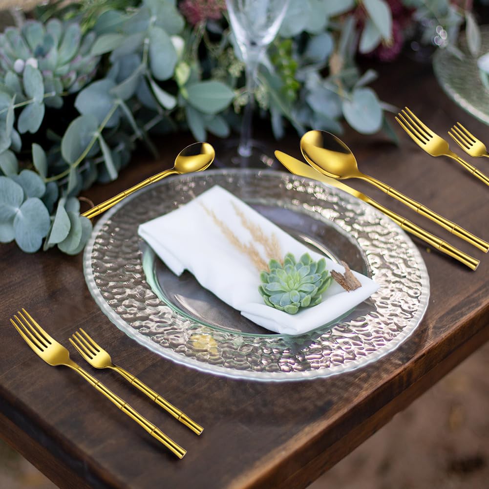 60 Piece Bamboo Shaped Flatware Set Service for 12, 18/10 Stainless Steel Rainbow Bamboo Handle Silverware Cutlery Set For Home Kitchen Hotel Utensils, Mirror Polished, Dishwasher Safe