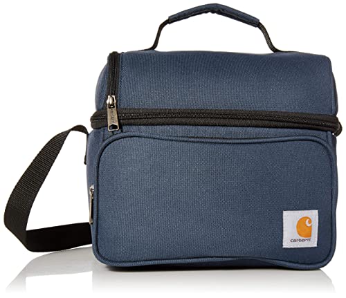 Carhartt Deluxe Dual Compartment Insulated Lunch Cooler Bag, Navy & Cool Coolers by Fit + Fresh, Reusable & Long-Lasting Slim Ice Packs, Perfect Addition To Your Lunch Box, Clear Blue, Pack of 4