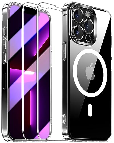 Dssairo Magnetic for iPhone 13 Pro Max Case，with 2 Screen Protector，Full Camera Protection [Compatible with MagSafe] Shockproof Phone Bumper Cover，Anti-Scratch Clear Back (Clear)………