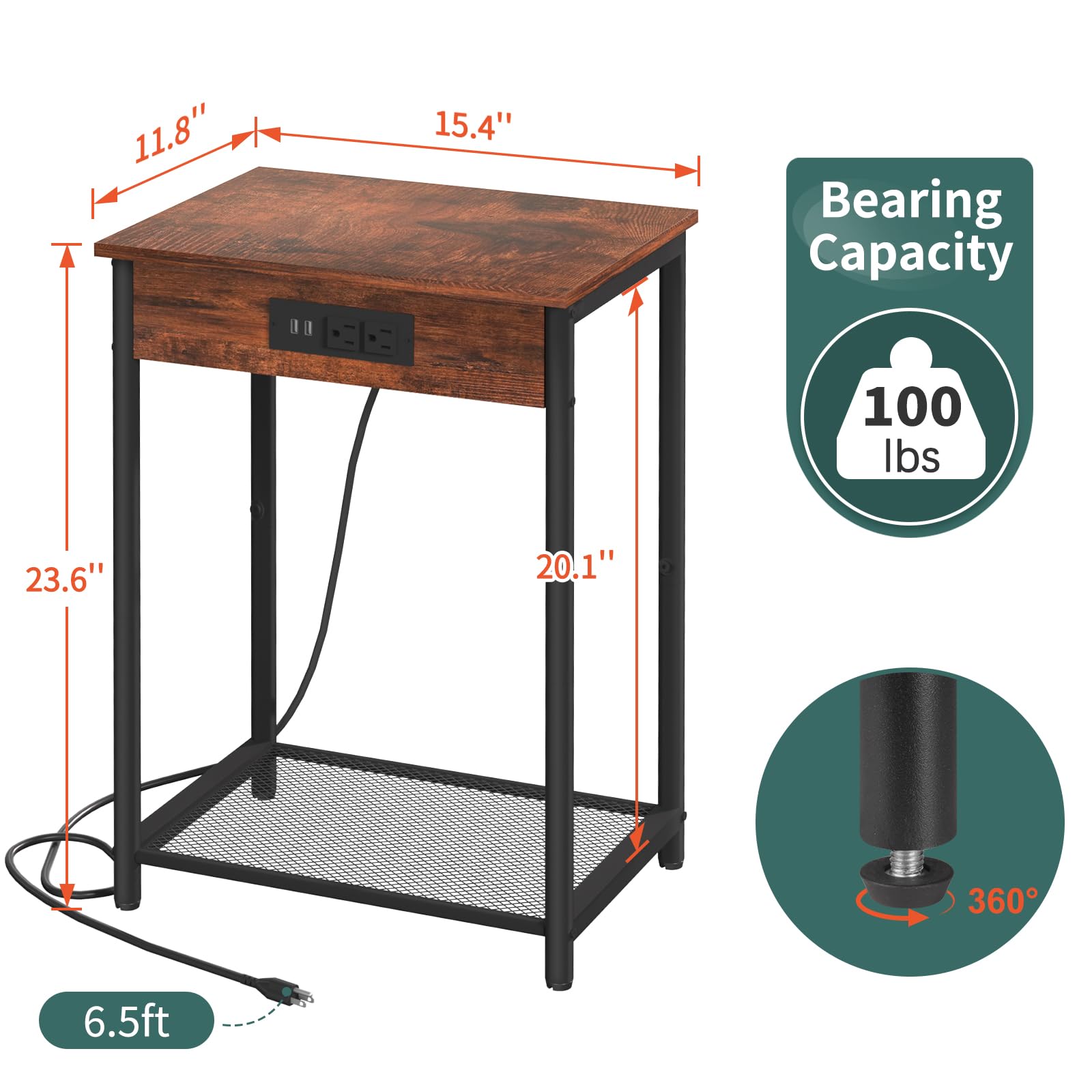Yoobure Side Table with Charging Station, End Tables Living Room, Industrial 2 Tier Nightstand with USB Ports, Rustic Narrow Small Table with Storage Shelf for Bedroom, Office, Small Spaces