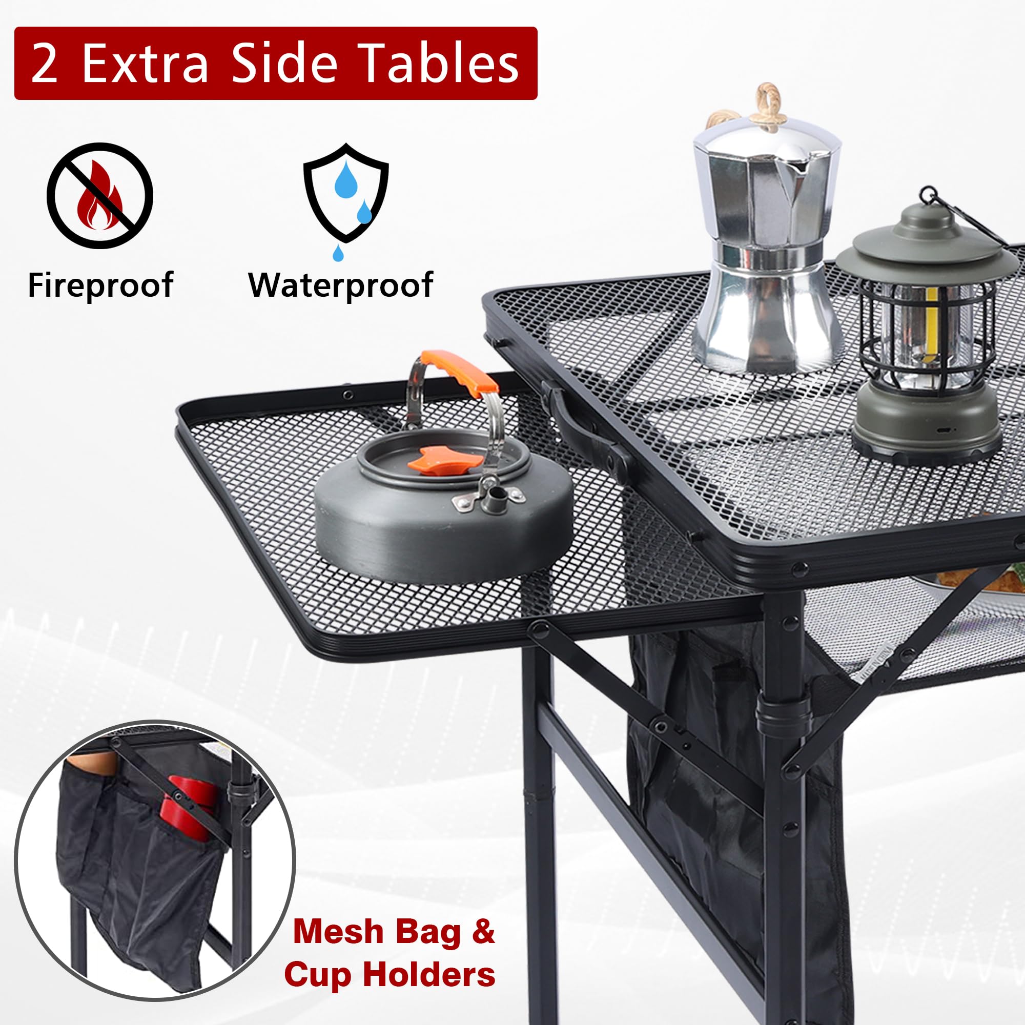 JOUYEK Folding Grill Table, 3x2 FT Portable Camping Table with 2 Wing Panels, Height Adjustable Metal Tables with Mesh Desktop and Mesh Bag, Outdoor Furniture for Camping, Picnic, Beach and BBQ, Black
