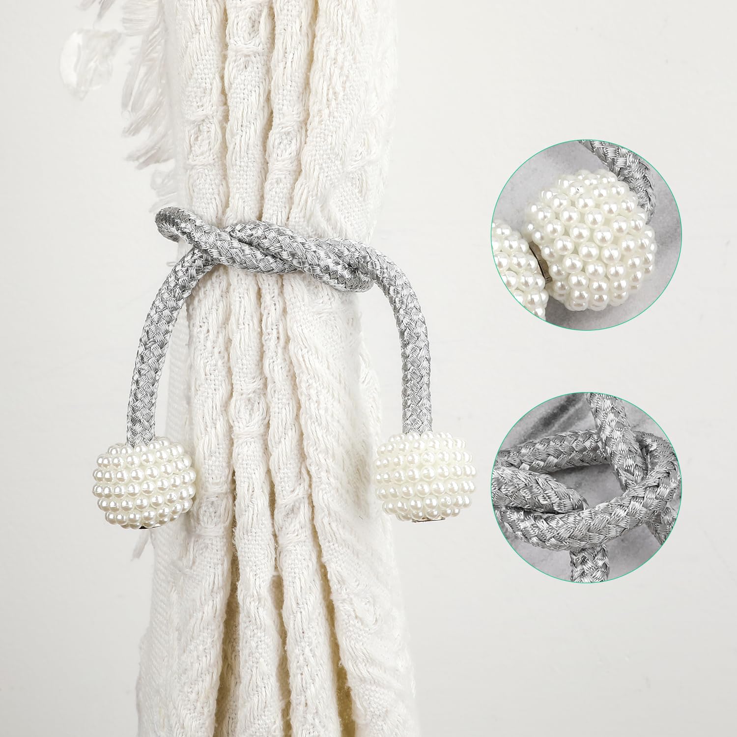 8pcs Magnetic Curtain Ties, Pearl Curtain Ties Decorative Rope Curtain Holder Holdbacks for Drapes Modern Curtain Holdbacks for Home Office Hotel Window Decorative(Grey)