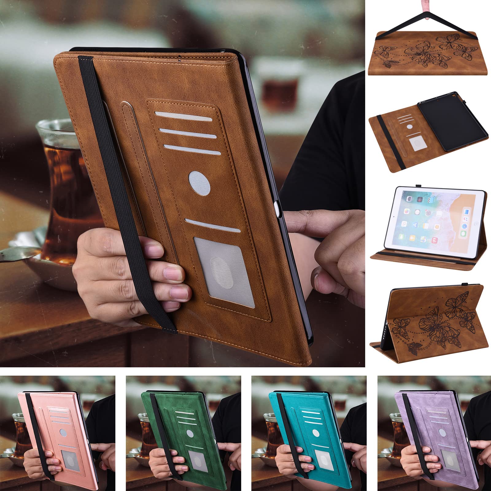 VODEFOX Case for Samsung Galaxy Tab A8 10.5'' Case 2022 SM-X200/X205/X207, PU Leather Cover Embossed Butterfly Flip Stand Shell with Elastic Band & Card Holder for Galaxy Tab A8 Tablet - Brown