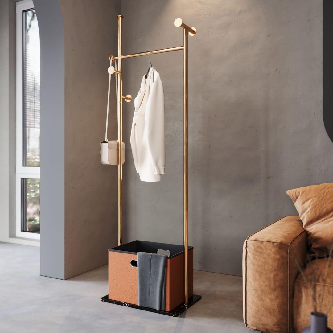 Gold Clothing Rack, Metal Coat Racks Clothes Rack with Natural Marble Base and Hamper, Clothes Racks for Hanging Clothes Skirts, Shirts, Sweaters Jackets