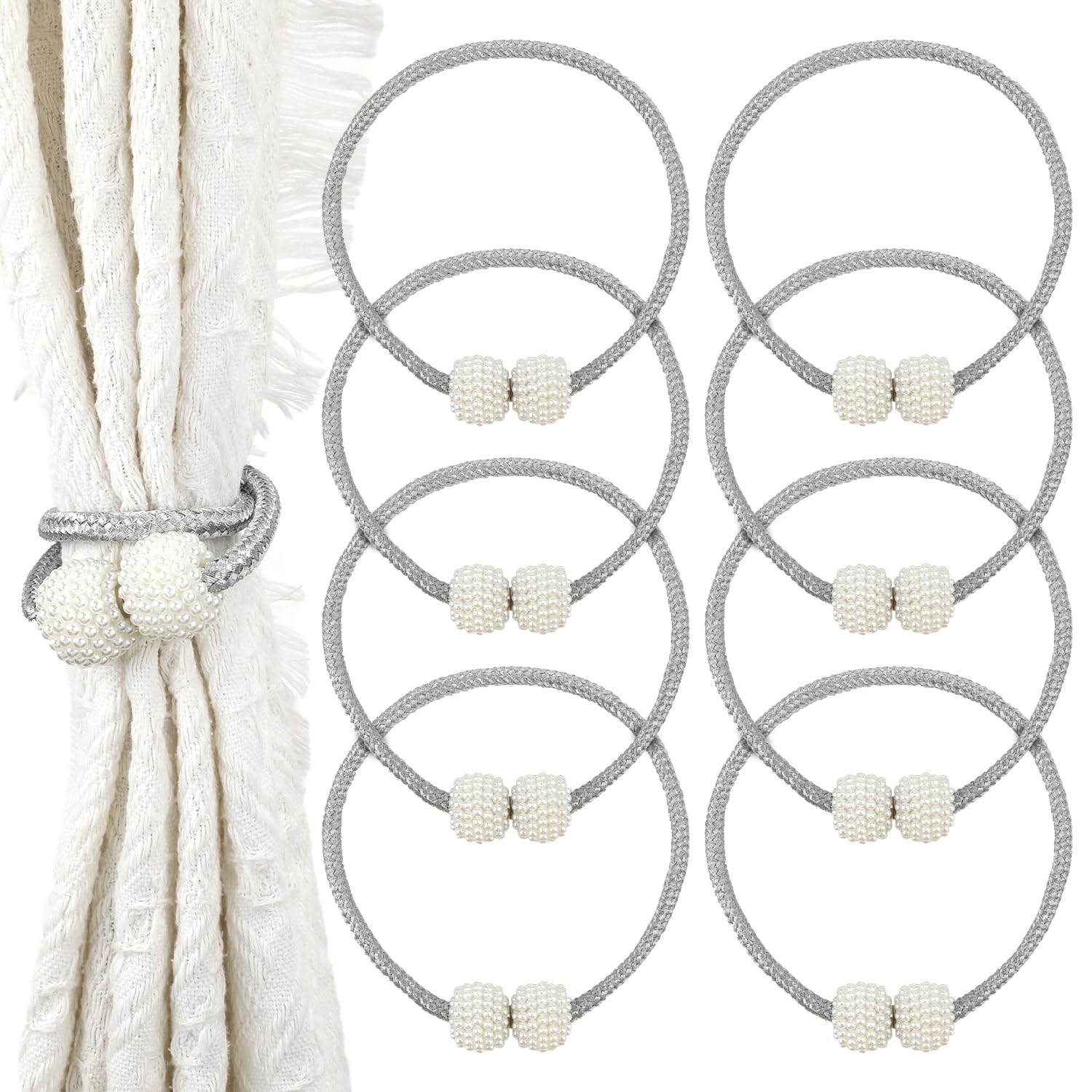 8pcs Magnetic Curtain Ties, Pearl Curtain Ties Decorative Rope Curtain Holder Holdbacks for Drapes Modern Curtain Holdbacks for Home Office Hotel Window Decorative(Grey)
