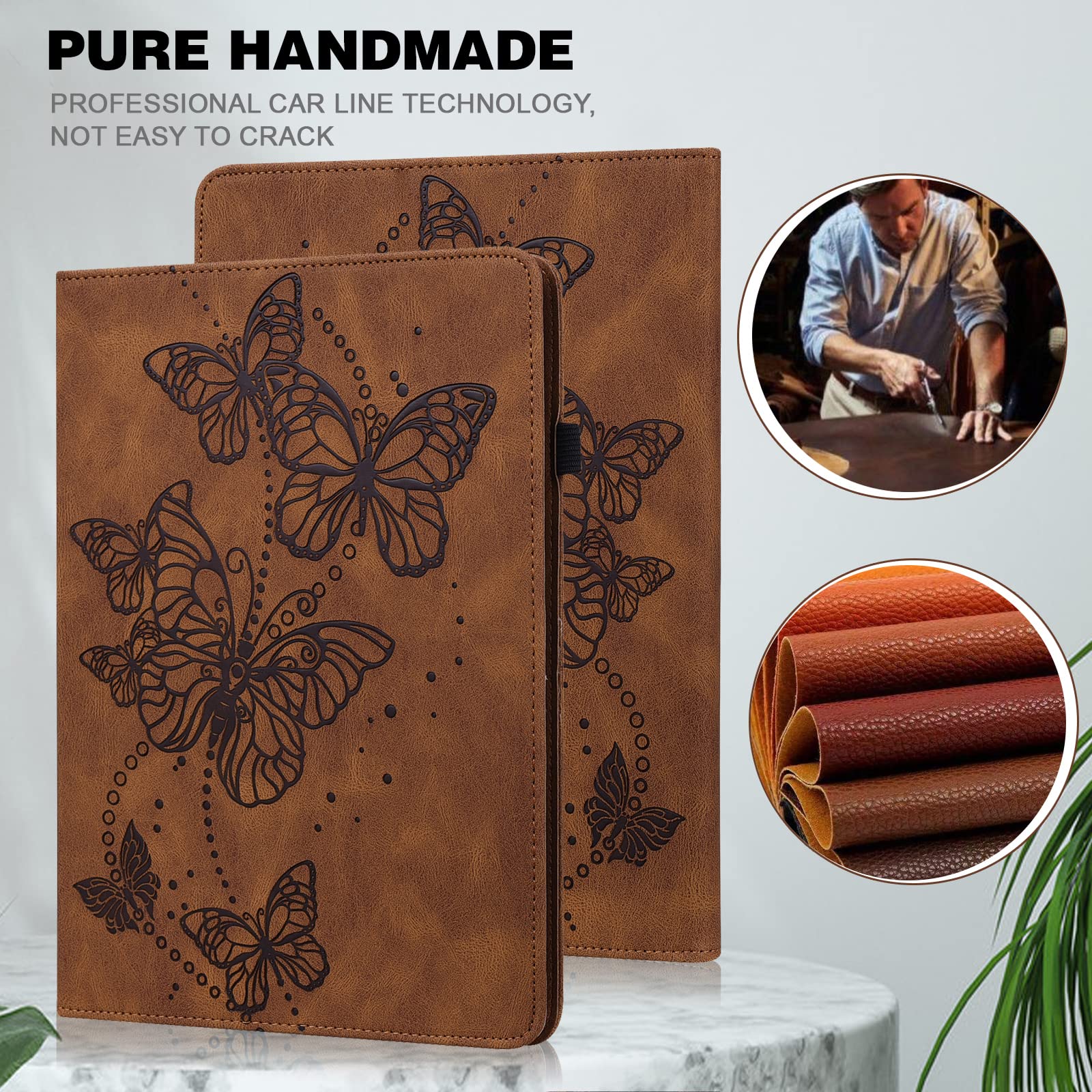 VODEFOX Case for Samsung Galaxy Tab A8 10.5'' Case 2022 SM-X200/X205/X207, PU Leather Cover Embossed Butterfly Flip Stand Shell with Elastic Band & Card Holder for Galaxy Tab A8 Tablet - Brown