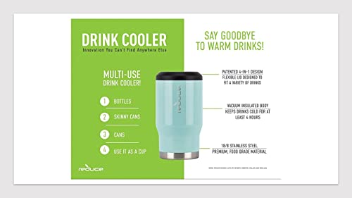 REDUCE 14 oz. Vacuum Insulated Stainless Steel Drink Cooler, 4 Pack Built-in Bottle Opener whit Non-Slip Base 4-in-1 Versatility Colors: Aqua-Red-Orange-Blue (ART1614168)