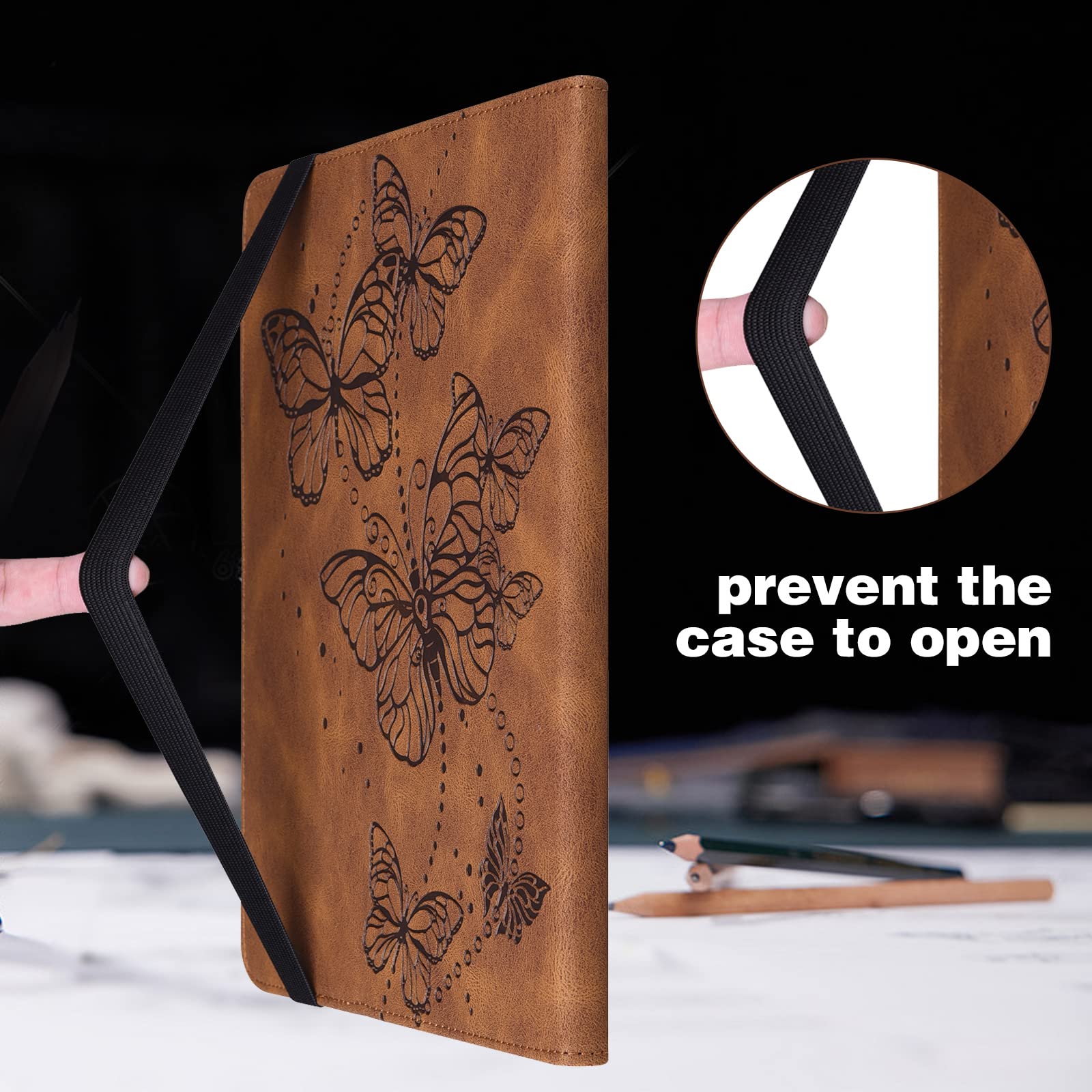 VODEFOX Case for Samsung Galaxy Tab A8 10.5'' Case 2022 SM-X200/X205/X207, PU Leather Cover Embossed Butterfly Flip Stand Shell with Elastic Band & Card Holder for Galaxy Tab A8 Tablet - Brown