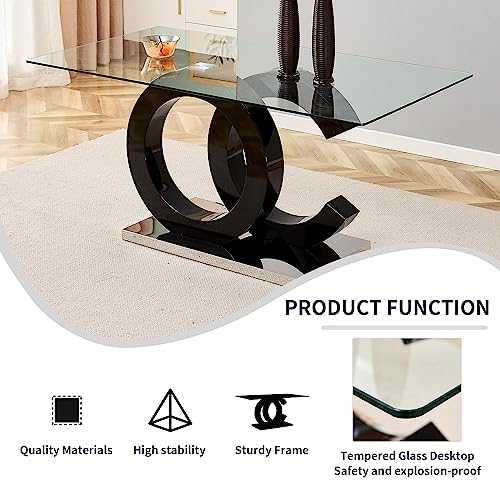 LFVFFA 63 inch Modern Glass Dining Table for 4-6, Rectangle Glass Kitchen Table, 0.39" Tempered Glass Top Dining Table,Large Pedestal Table (1 Table+4 Gray Chair, 63 Inch)