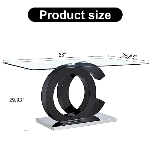 LFVFFA 63 inch Modern Glass Dining Table for 4-6, Rectangle Glass Kitchen Table, 0.39" Tempered Glass Top Dining Table,Large Pedestal Table (1 Table+4 Gray Chair, 63 Inch)
