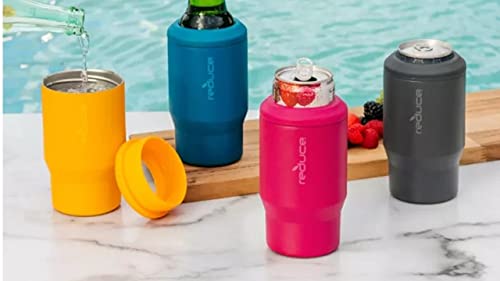 REDUCE 14 oz. Vacuum Insulated Stainless Steel Drink Cooler, 4 Pack Built-in Bottle Opener whit Non-Slip Base 4-in-1 Versatility Colors: Aqua-Red-Orange-Blue (ART1614168)